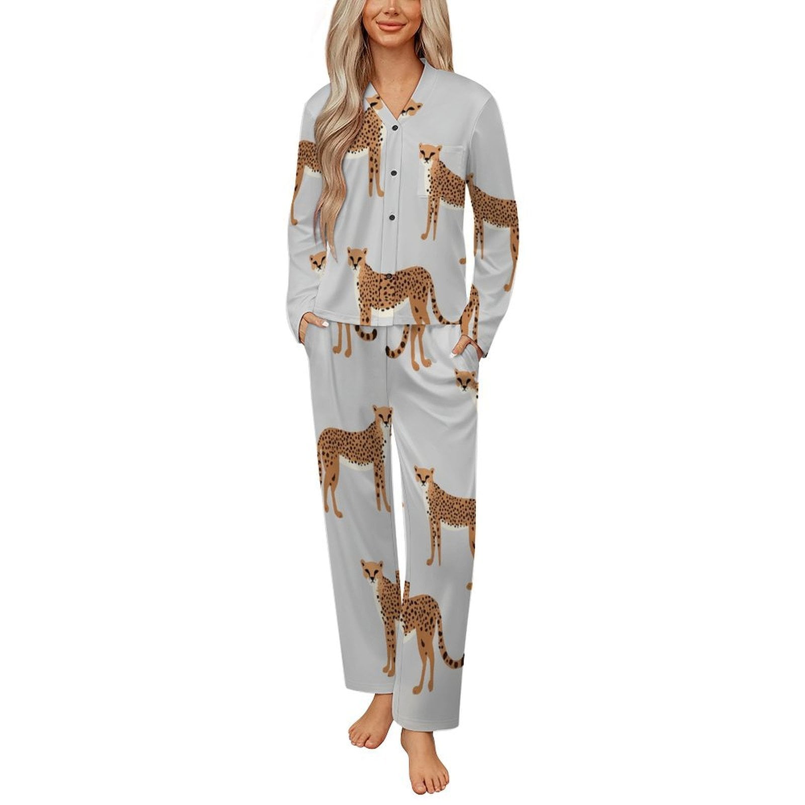 Cheetah Seamless Pattern Repeat Womens Pyjamas Set Button Up Pyjamas ...
