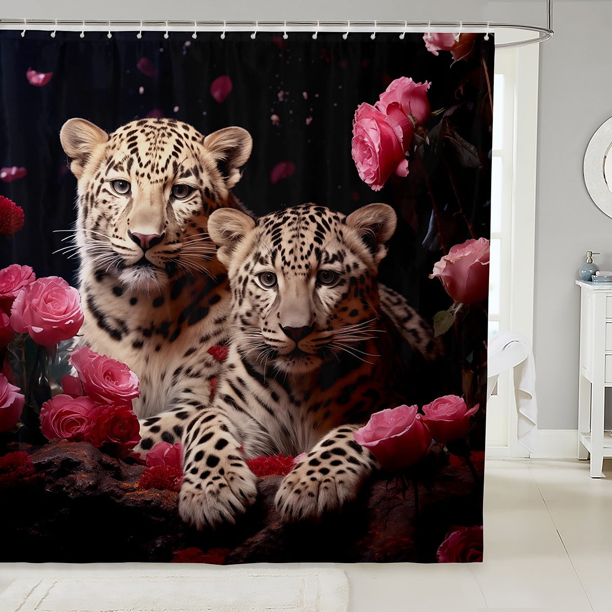 Cheetah Shower Curtain Set Pink Rose Flowers Fabric Shower Curtain 72 ...