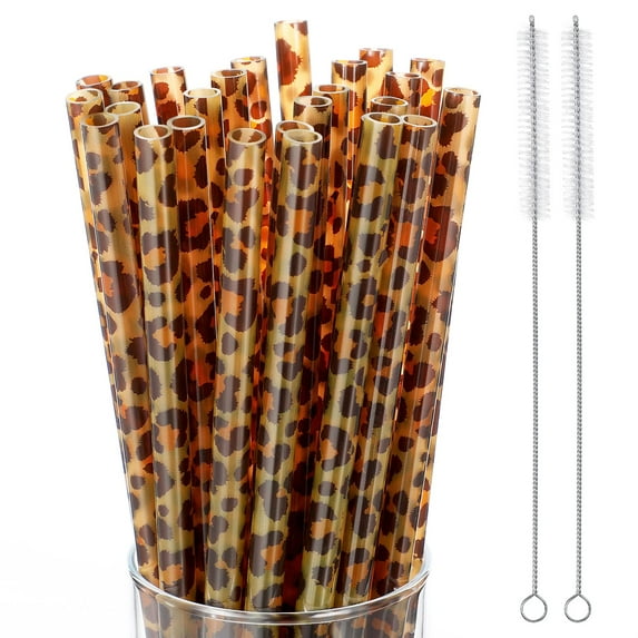 Cheetah Straws Bulk Set with Cleaning Brush, 9 Inch Plastic Leopard ...