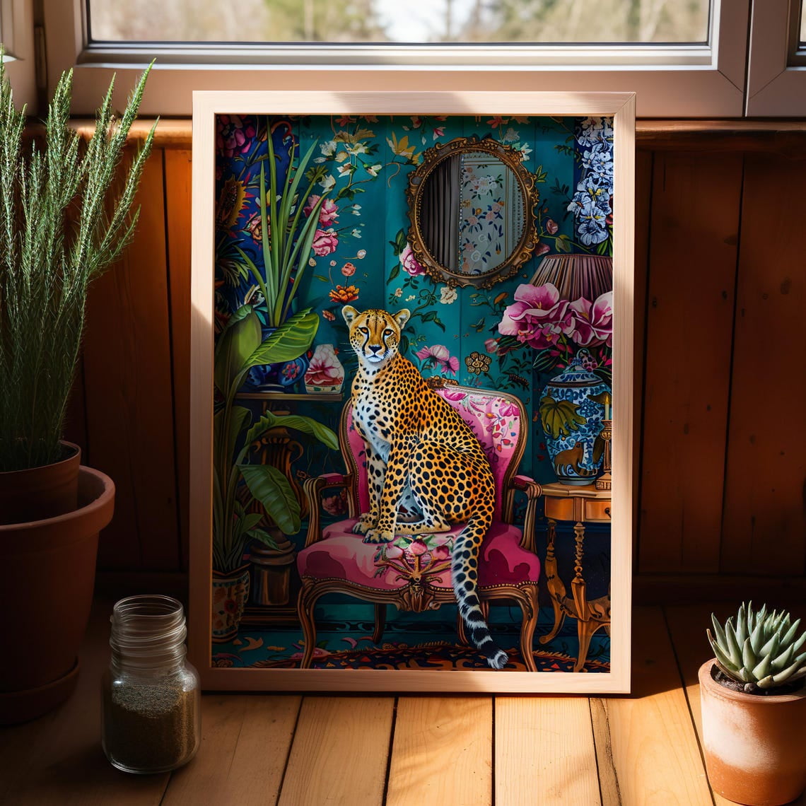 Cheetah Vintage Pink Chair Botanical Leopard Floral Wall Art Jungle ...