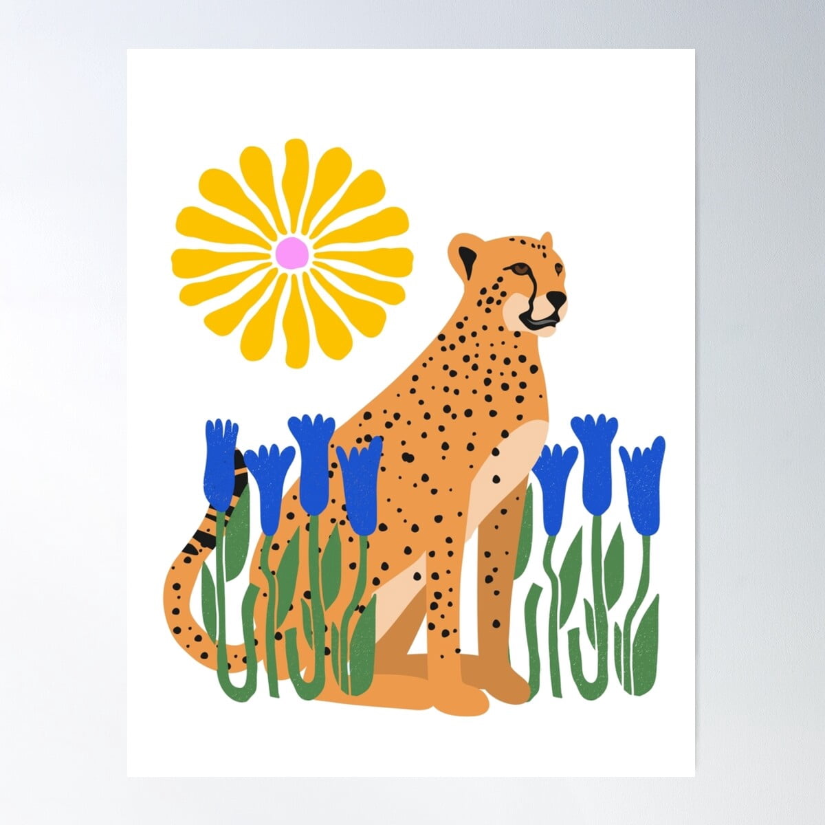 Cheetah With Sun And Flowers Poster Wall Art, Modern Wall Decor For ...