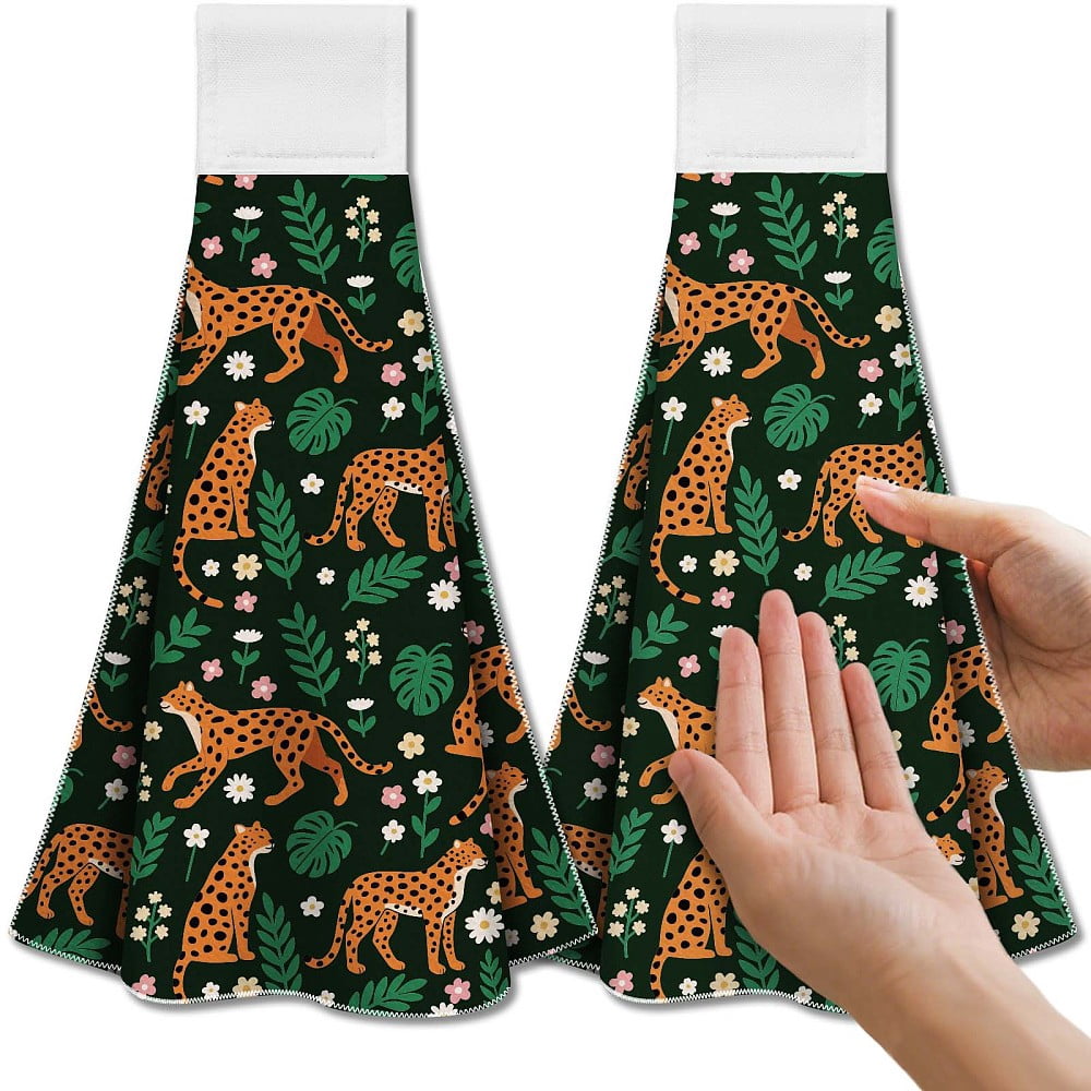 Cheetah and Flowers Hanging Kitchen Towels with Loop Set of 2 - Soft ...