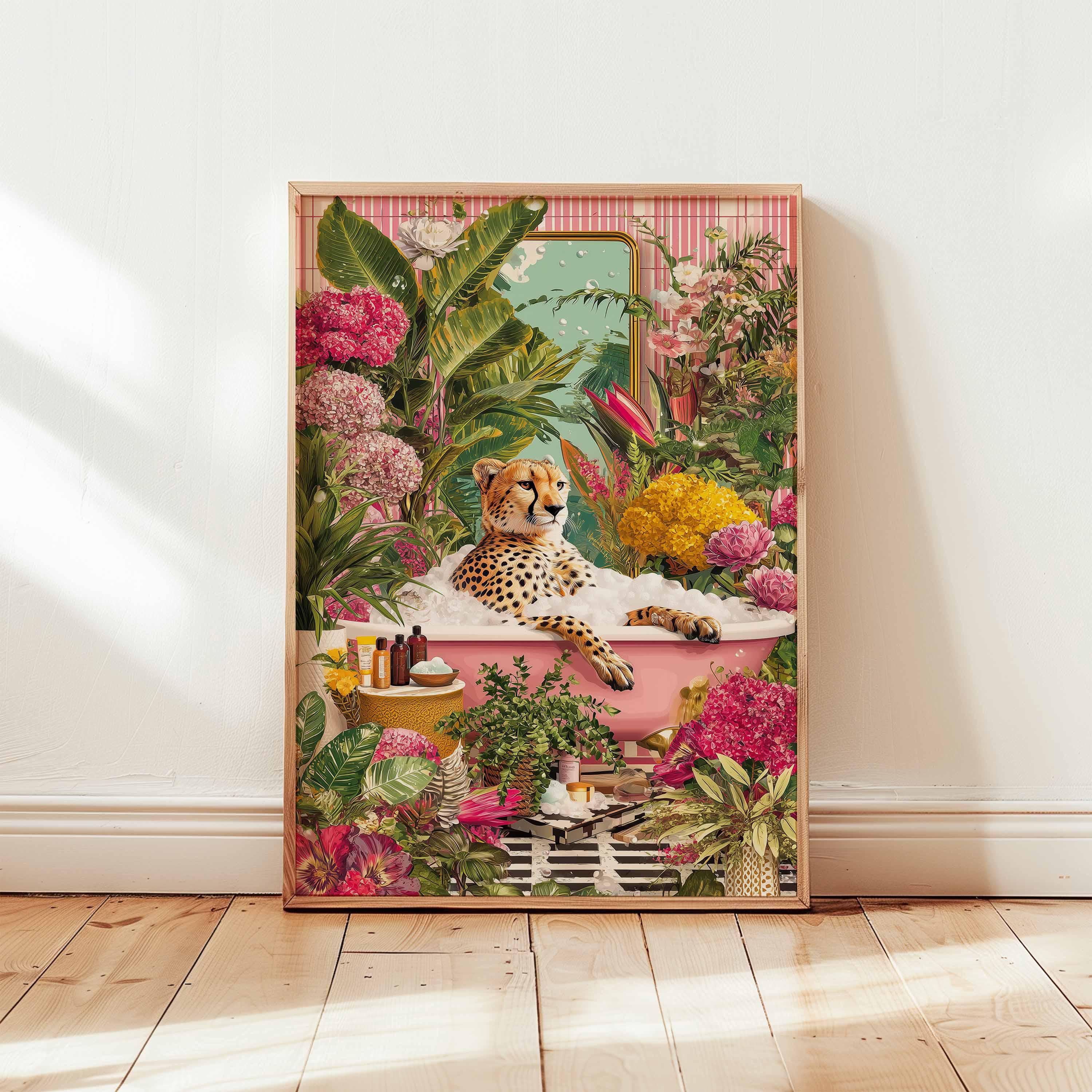 Cheetah in Bathtub Wall Art, Whimsical Jungle Bathroom Poster, Tropical ...
