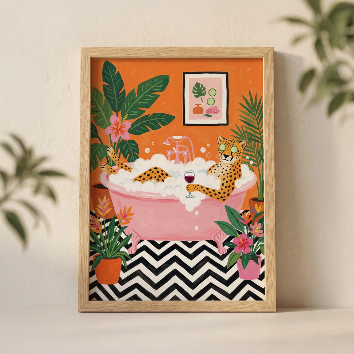 Cheetah in Pink Bathtub Maximalist Animal Illustration with Wine and ...