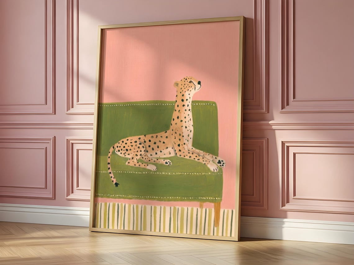 Cheetah on Green Sofa Pink and Green Wall Decor Whimsical Wild Cat ...