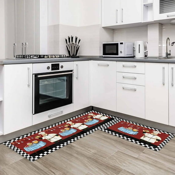 Chef 2 Pieces Non-Slip Kitchen Mat Set Cartoon Red Food Cooking Black ...