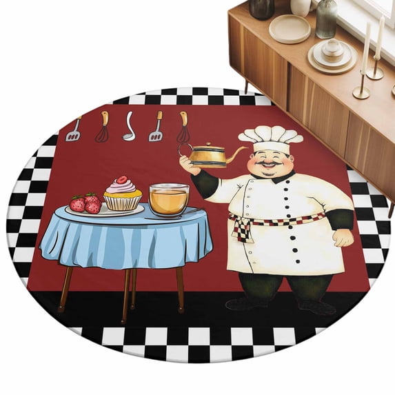 Chef 3.3ft Non Slip Round Area Rug Red Kitchen Dessert Food Black White ...