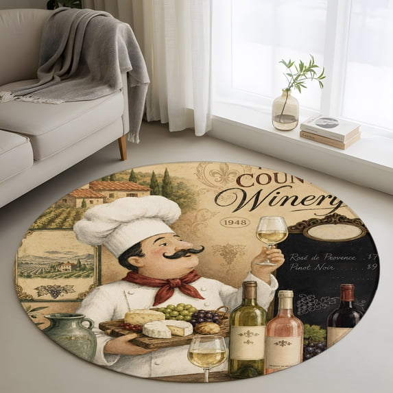 Chef 3FT Round Area Rugs Wine Bottles Grapes Cheese Rustic Farmhouse ...