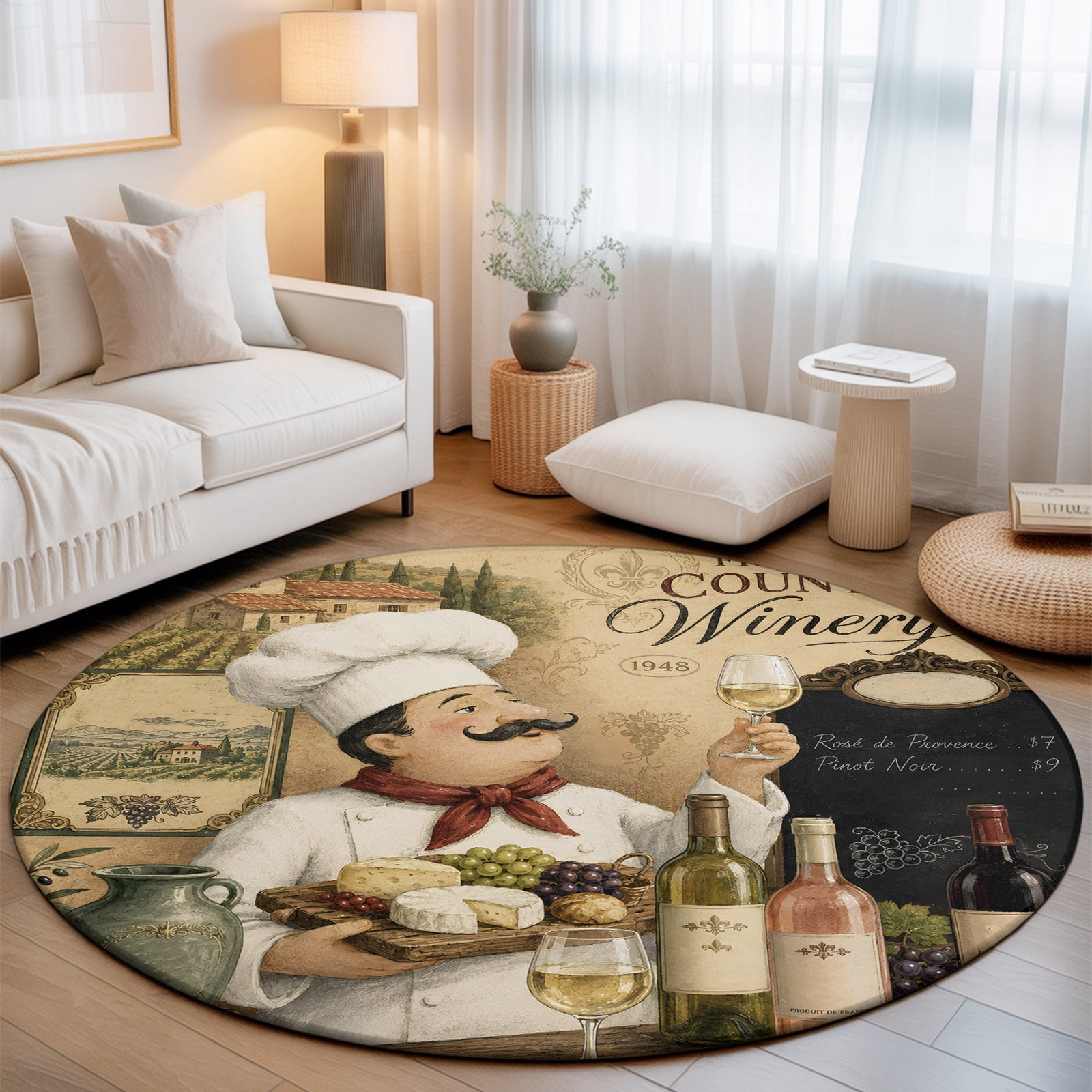 Chef 7' Round Rug for Living Room Conversation Area, Wine Bottles ...