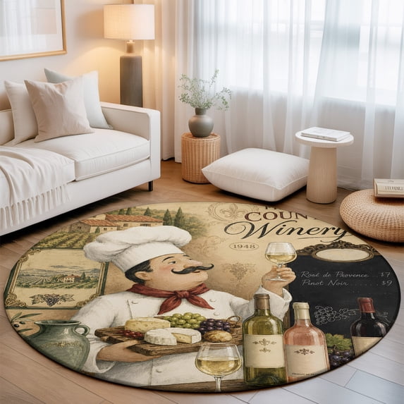 Chef 7' Round Rug for Living Room Conversation Area, Wine Bottles ...