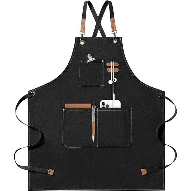 WQFSTORE Black Chef Apron, Cooking Kitchen Apron with Large Pockets ...