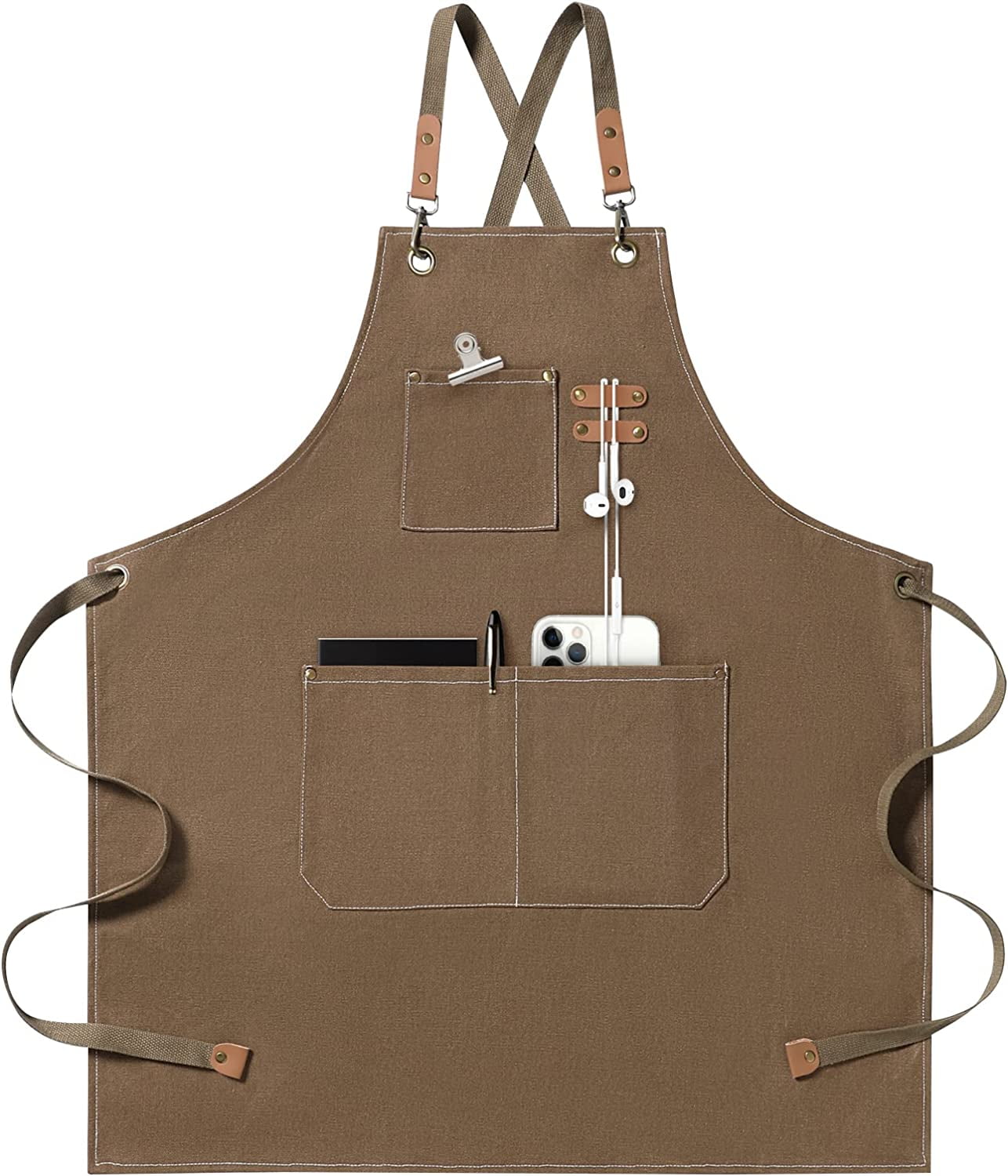 "WQFSTORE Chef Apron for Men and Women, Brown Cotton Canvas, Cross-Back ...