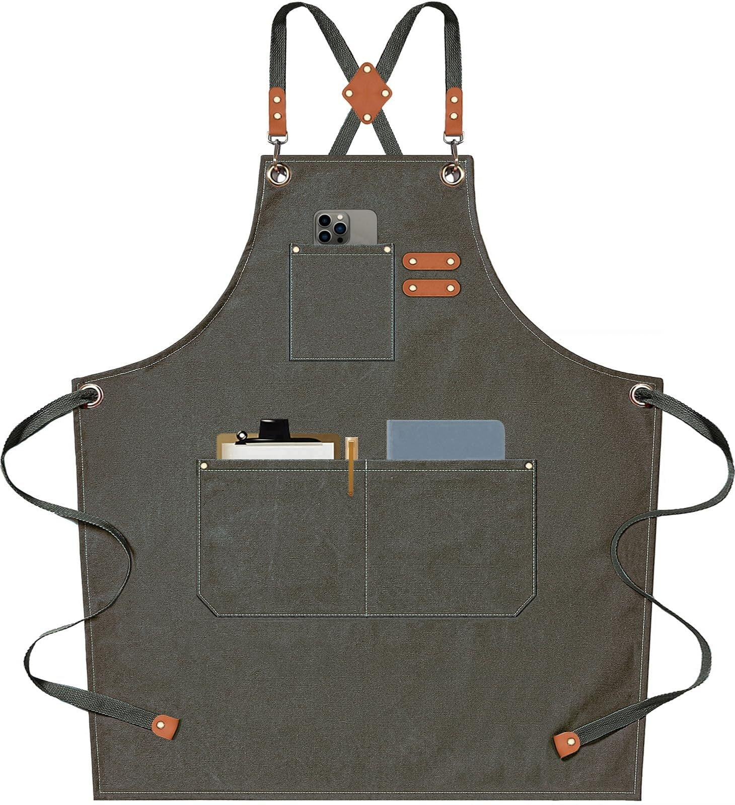Chef Aprons For Men Women With Large Pockets, Cotton Canvas Cross Back ...
