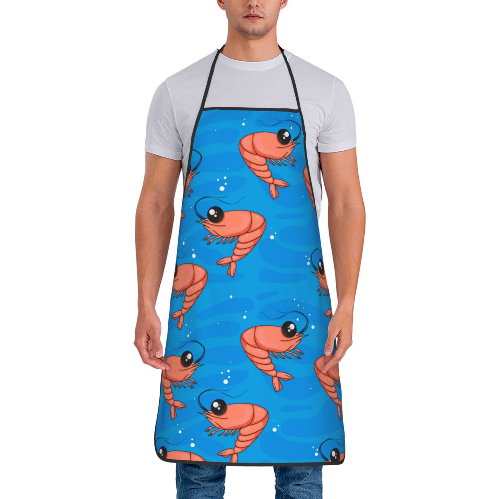 Chef Aprons for Men and Women - Cartoon Shrimp Print Blue Oil-Resistant ...