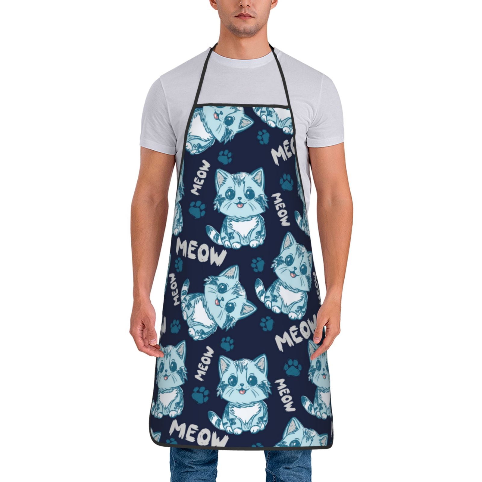 Chef Aprons for Men and Women - Sketch Cartoon Cat Paw Blue Oil ...
