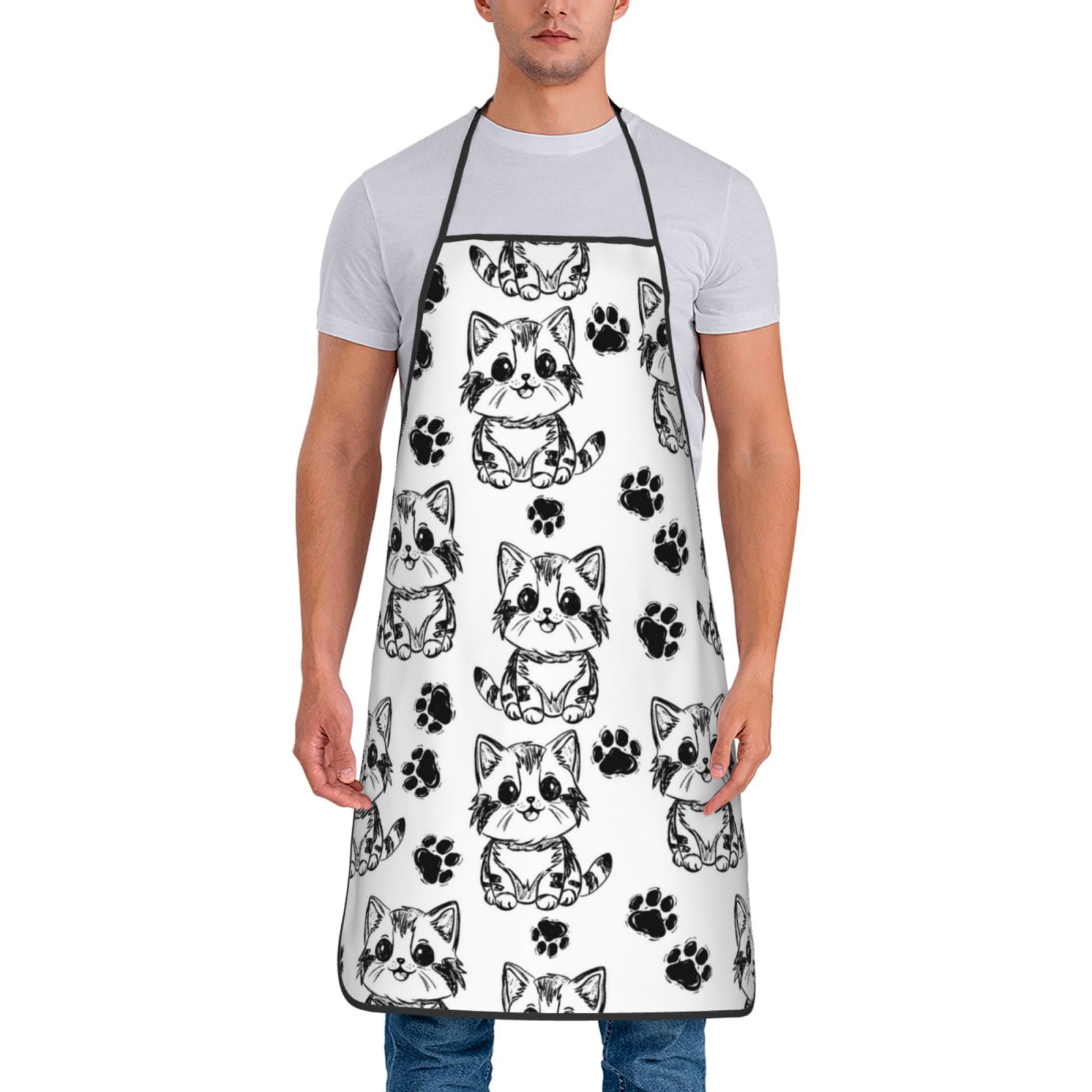 Chef Aprons for Men and Women - Sketch Cartoon Cat and Cat Paw Oil ...