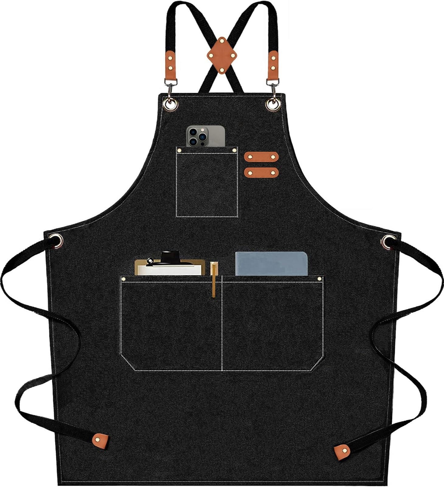 Chef Aprons for Men Women with Large Pockets, Cotton Canvas Cross Back ...