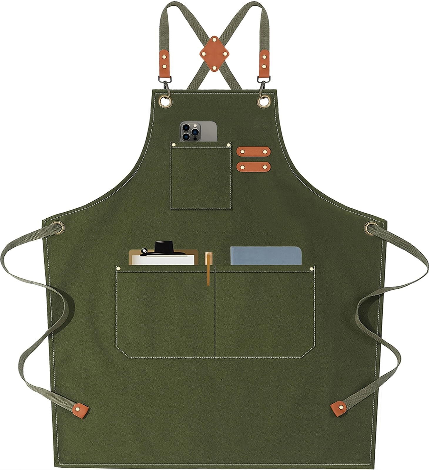 Chef Aprons for Men Women with Large Pockets, Cotton Canvas Cross Back Heavy Duty Adjustable ...