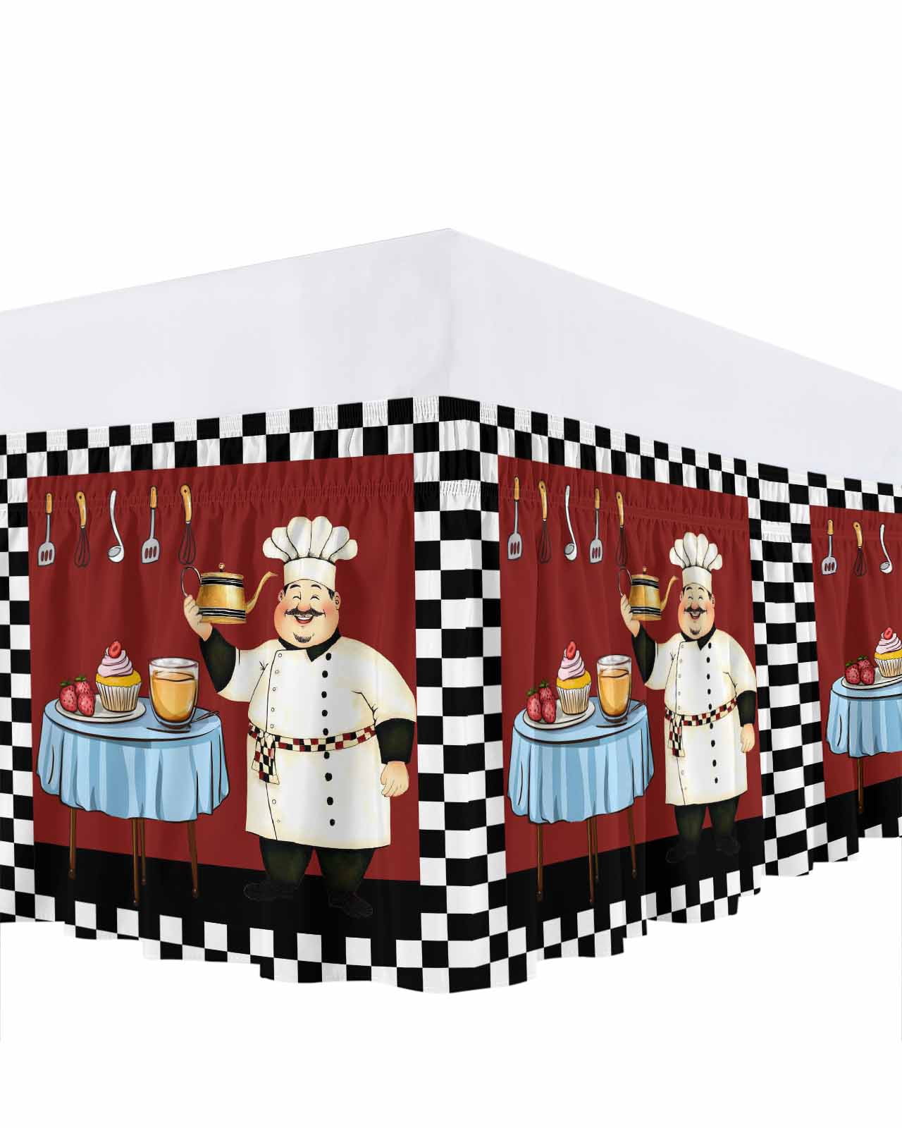 Chef Bed Skirt Queen Size, Cartoon Red Food Cooking Black White Buffalo ...