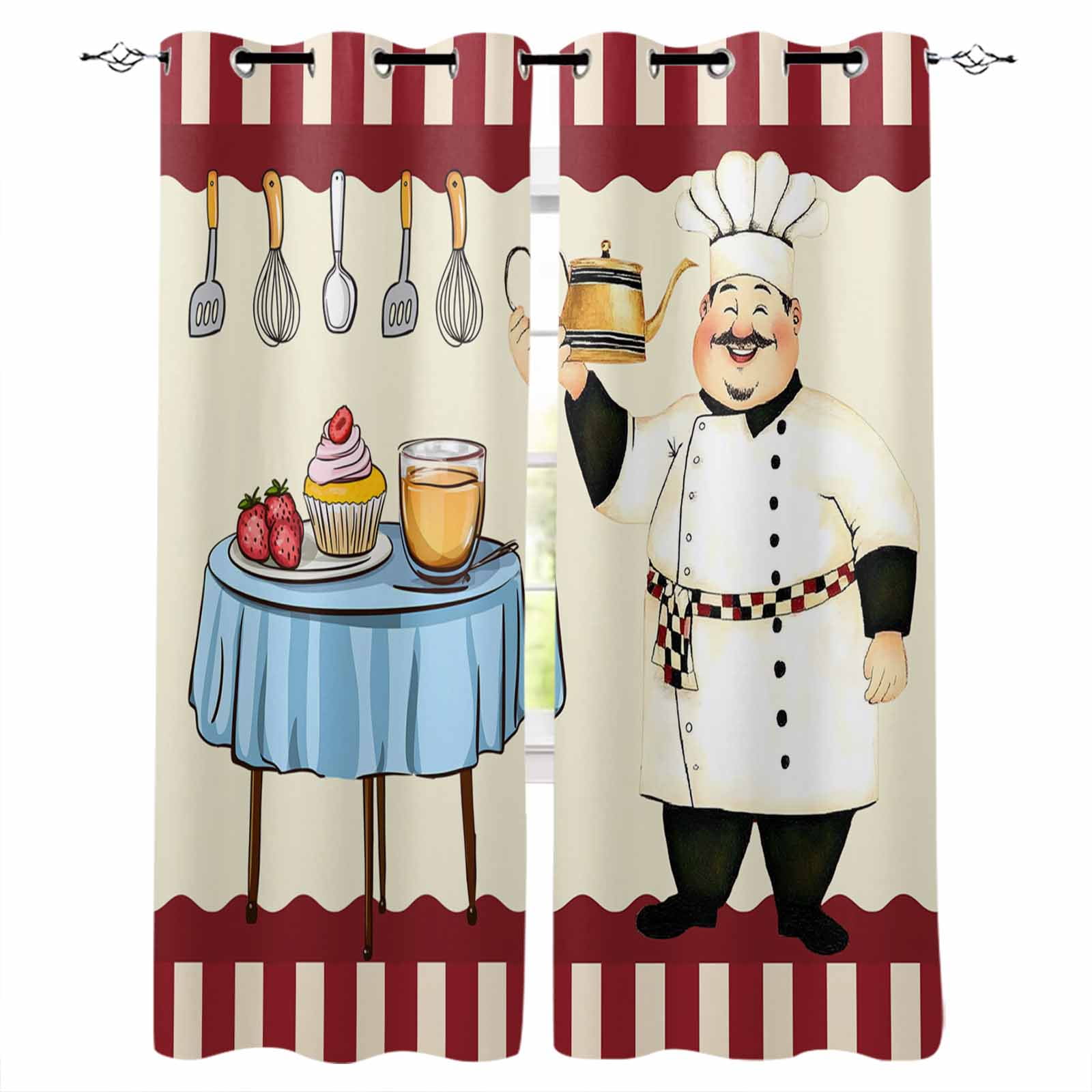 Chef Blackout Curtains 54 Inches Long, Red Fruit Cake Hat Kitchen ...