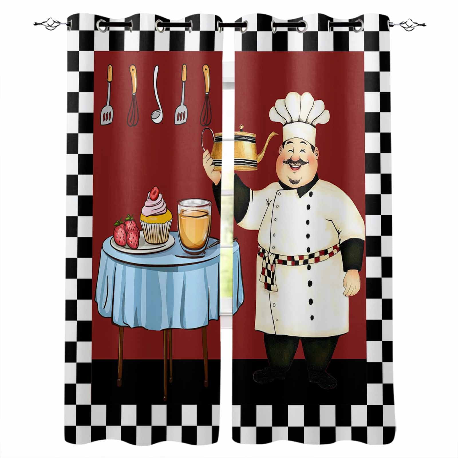 Chef Blackout Curtains 63 Inches Long, Cartoon Red Food Cooking Black ...