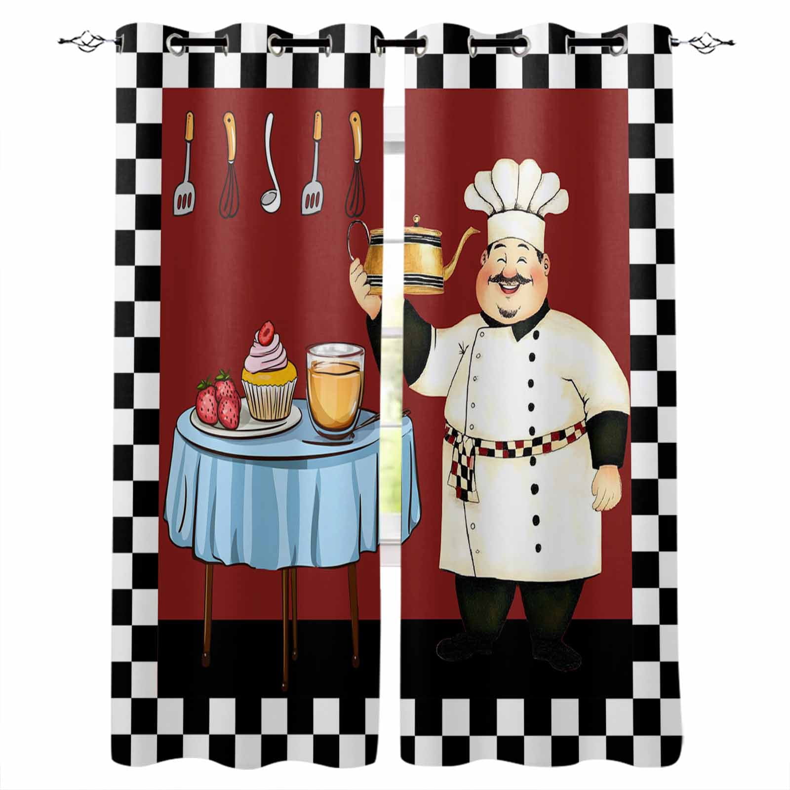 Chef Blackout Curtains 84 Inches Long for Bedroom, Cartoon Red Food ...