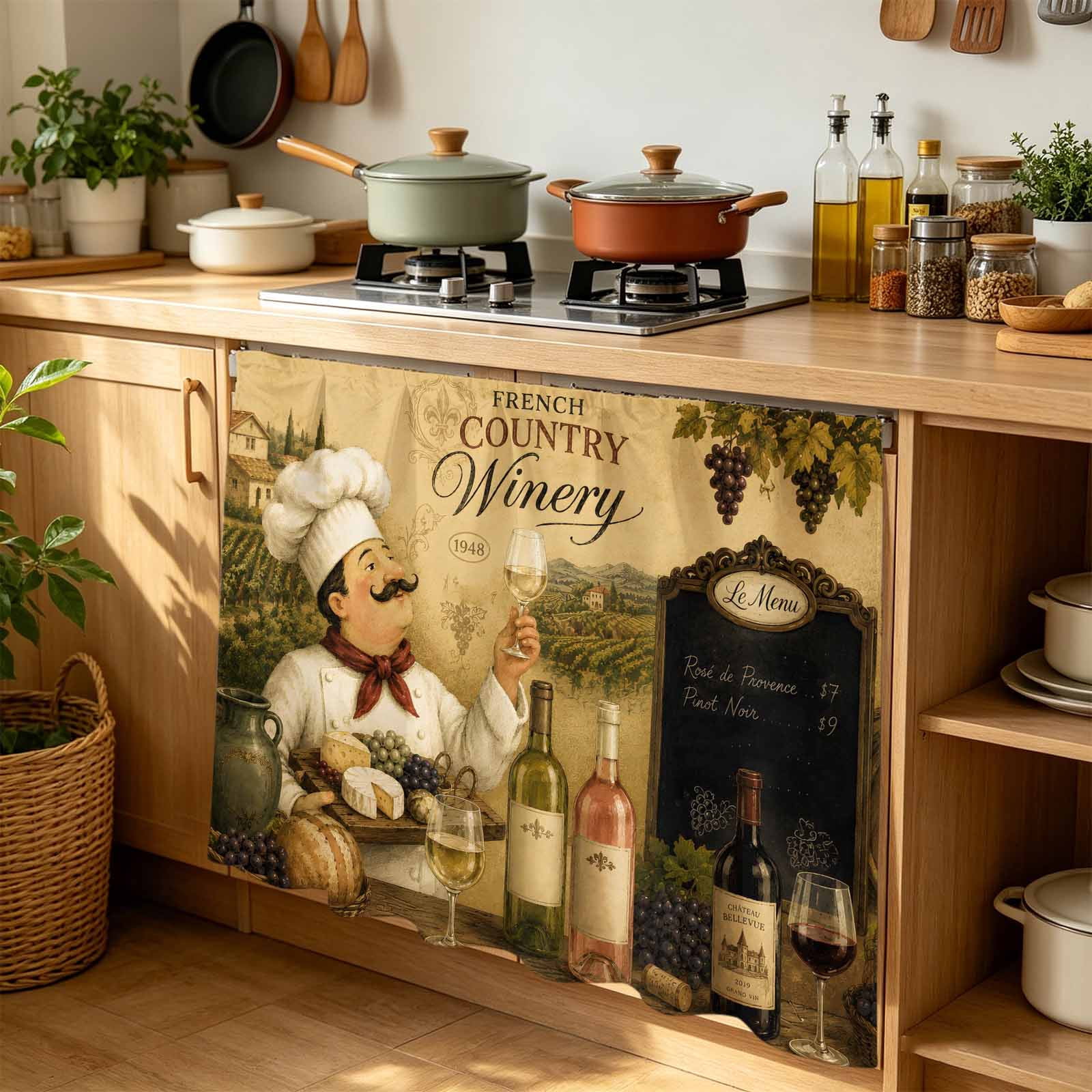 Chef Cabinet Curtains 35" W x 35" L, Wine Bottles Grapes Cheese Rustic ...