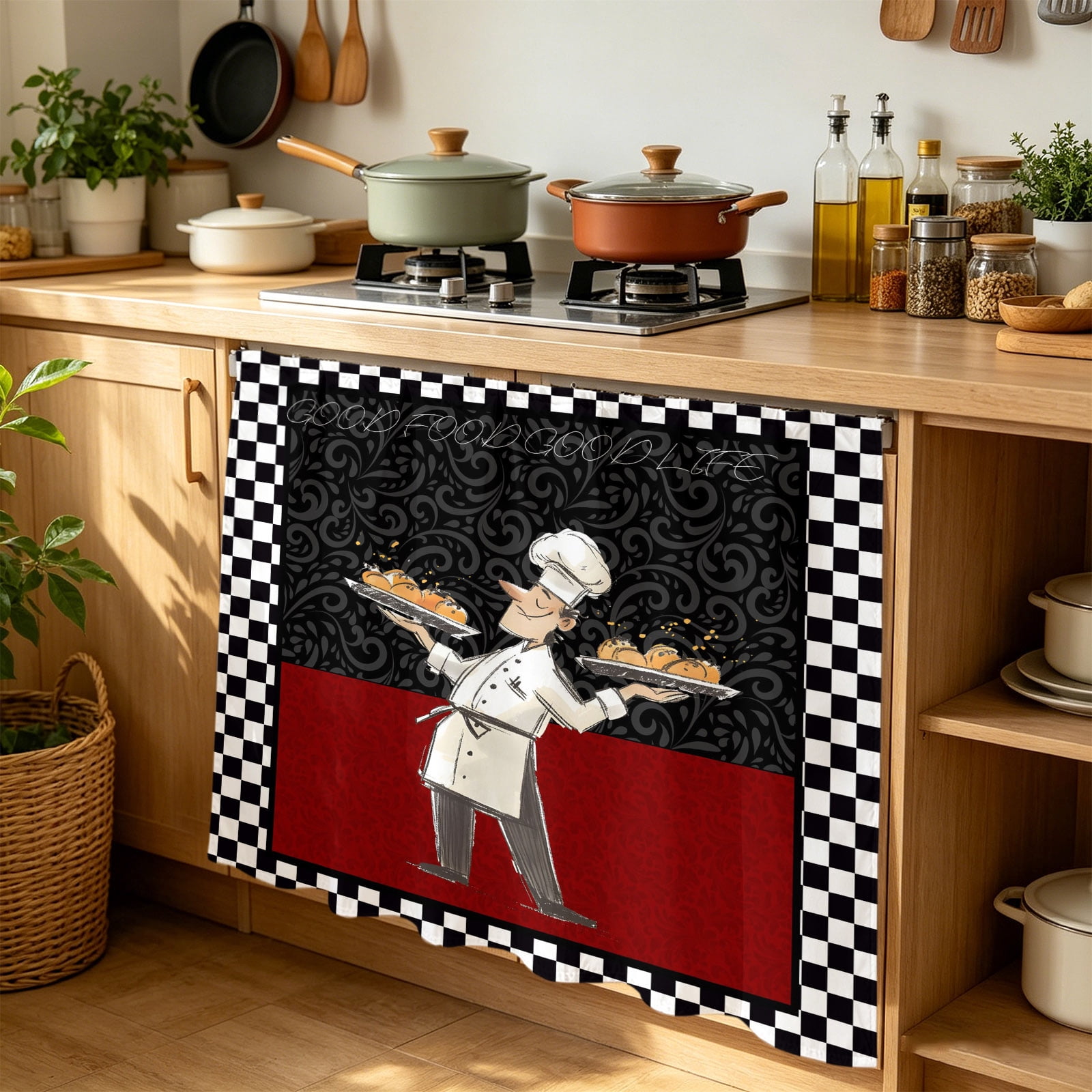 Chef Cabinet Curtains 35''x35'', Cartoon Cute Watercolor Cooking Red ...