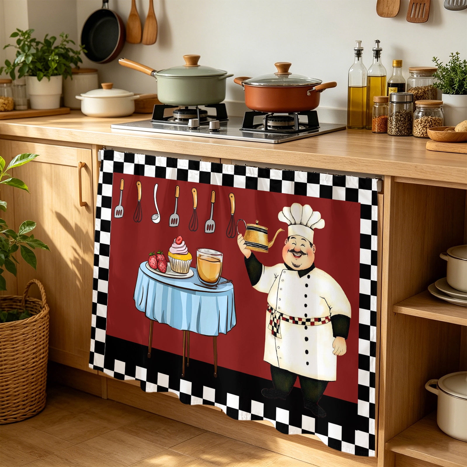 Chef Cabinet Curtains 35''x35'', Cartoon Red Food Cooking Black White ...