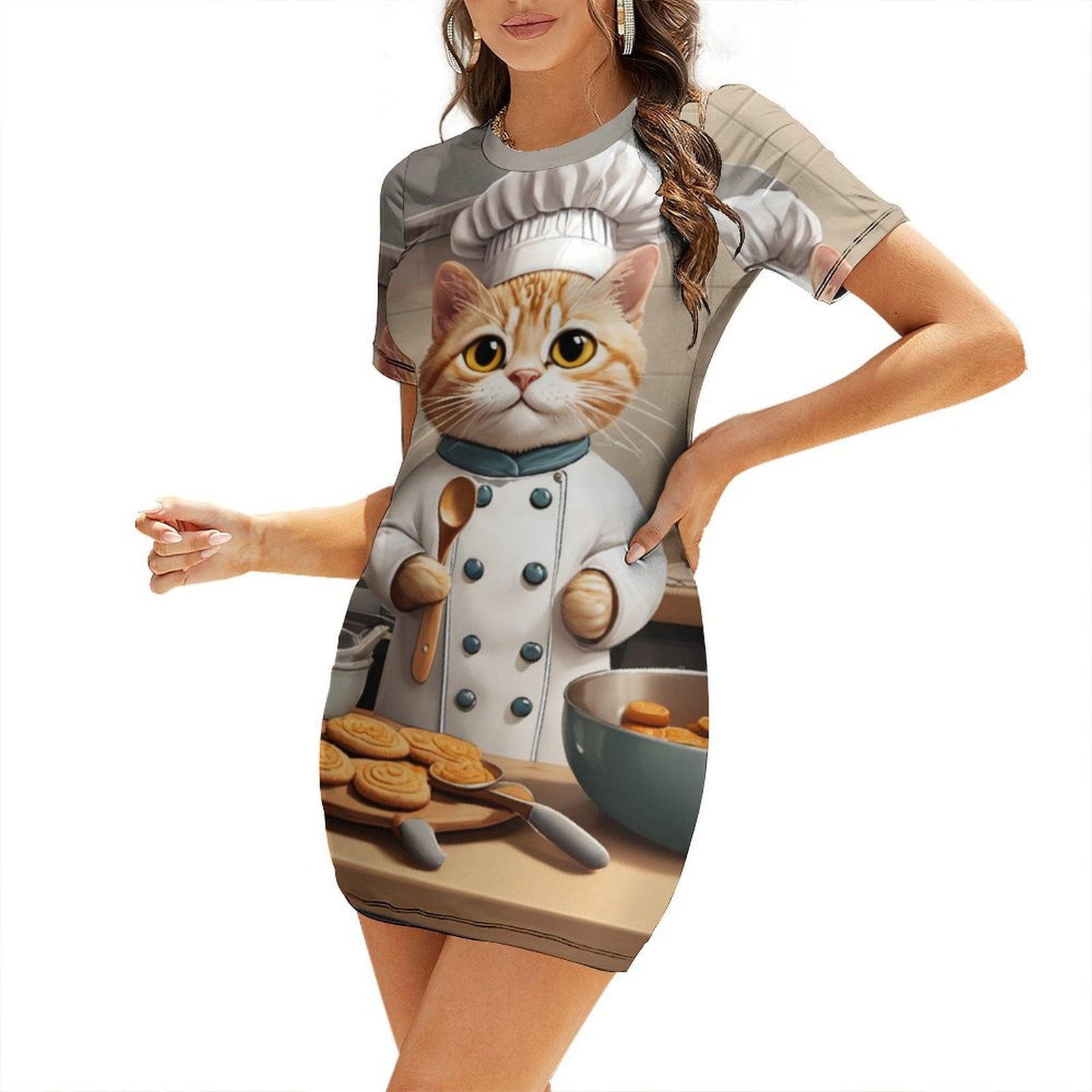 Chef Cat Baking Cookies Sweet Elegant Short Sleeves Dress Women Korean ...