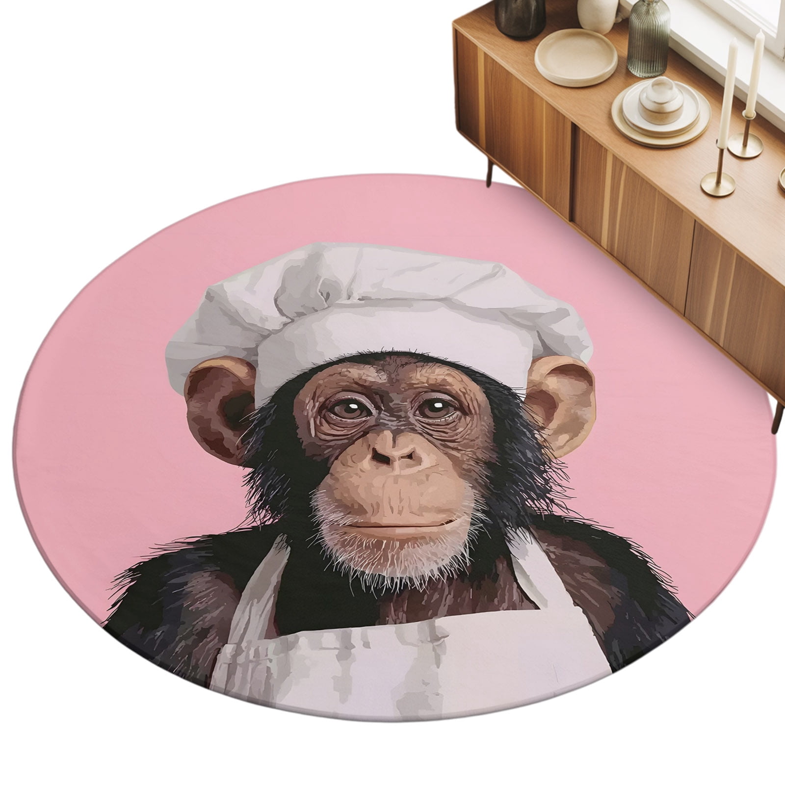 Chef Chimpanzee Area Rugs 3.3' (Round) Animal Pink Background Floor Rug ...