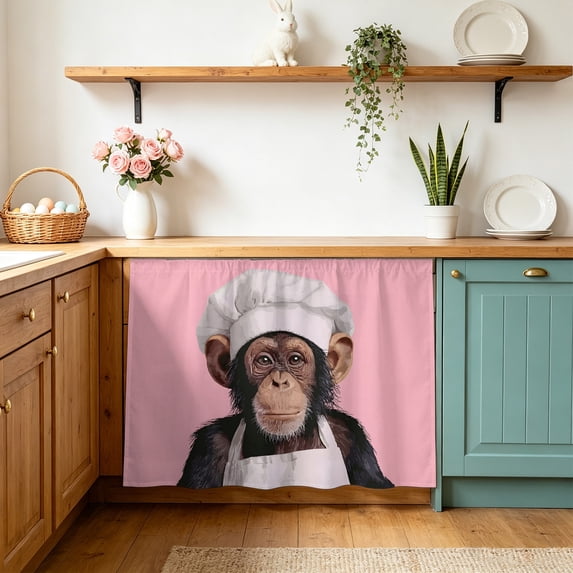 Chef Chimpanzee Cabinet Curtains 11" W x 13" L Animal Pink Background ...