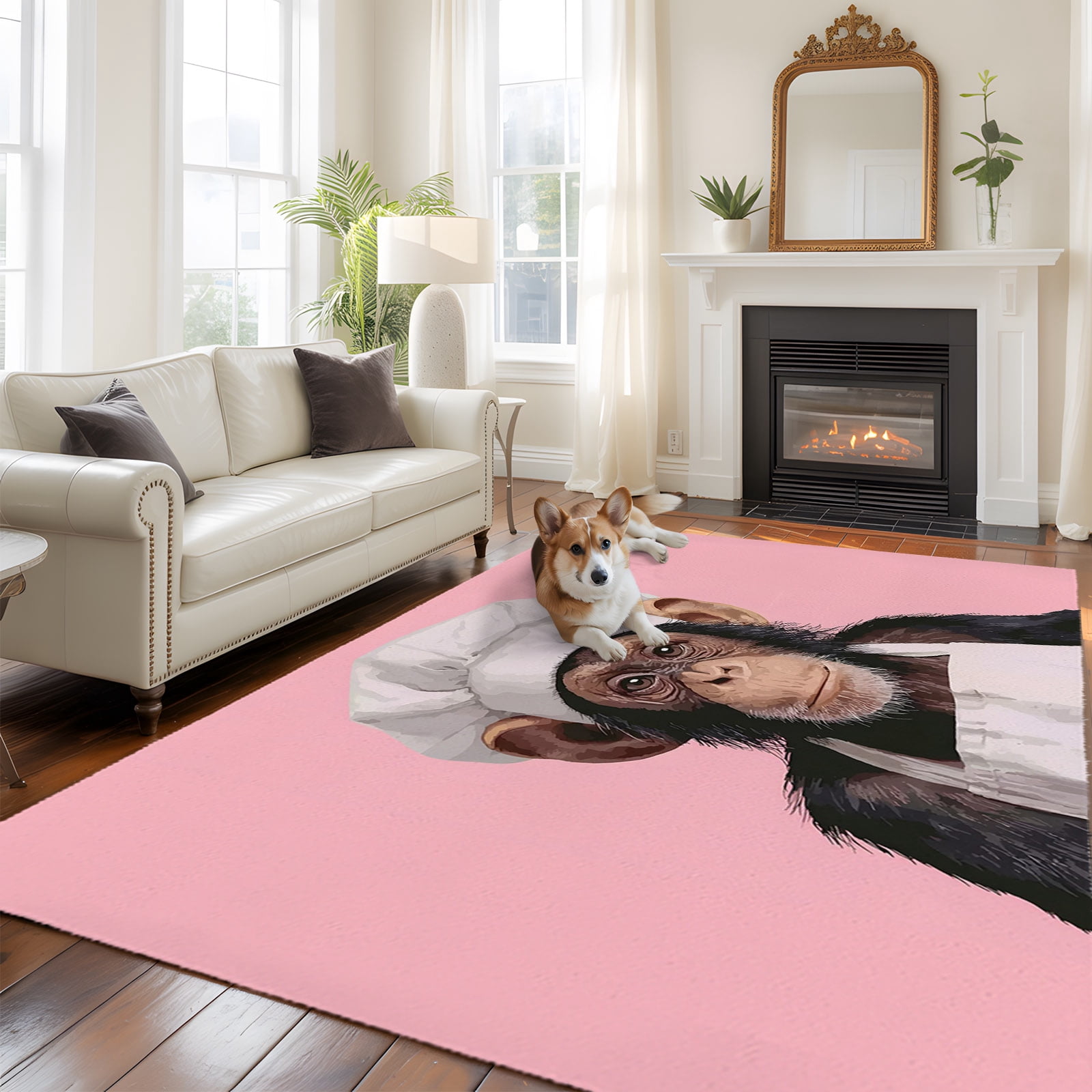 Chef Chimpanzee Washable Area Rug 5x8 Animal Pink Background Low ...
