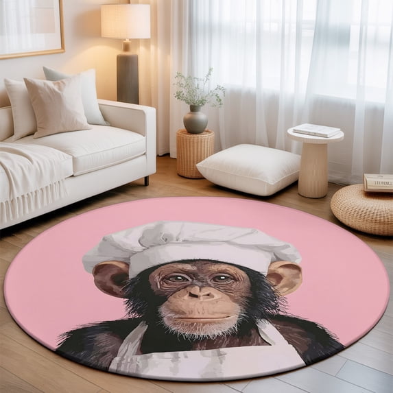 Chef Chimpanzee Washable Round Area Rug 5 ft, Animal Pink Background ...