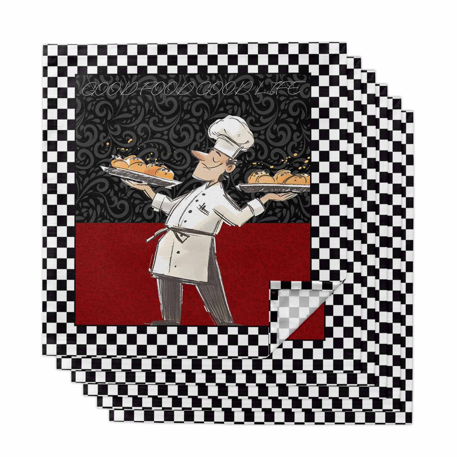 Chef Cloth Napkins, Cartoon Cute Watercolor Cooking Red Black Washable ...