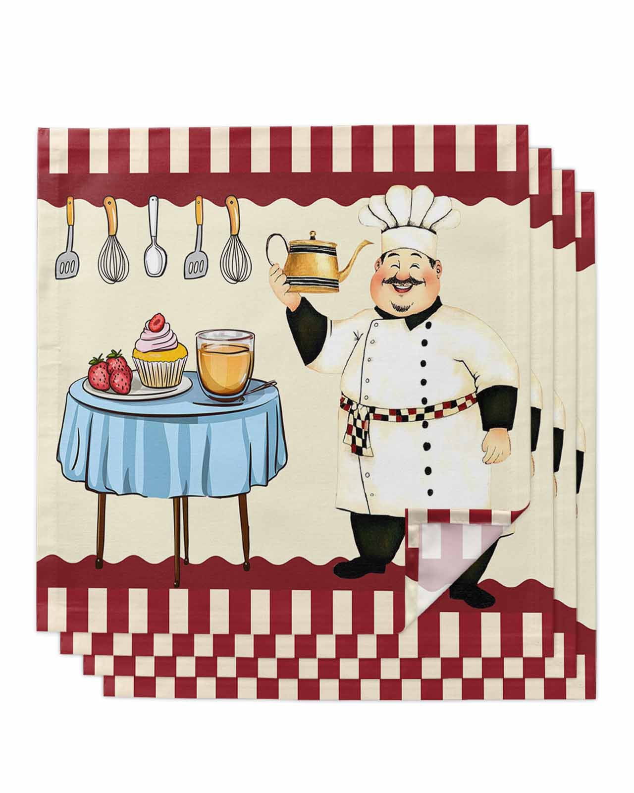Chef Cloth Napkins Set of 4 Reusable Dinner Napkins, Red Fruit Cake Hat ...