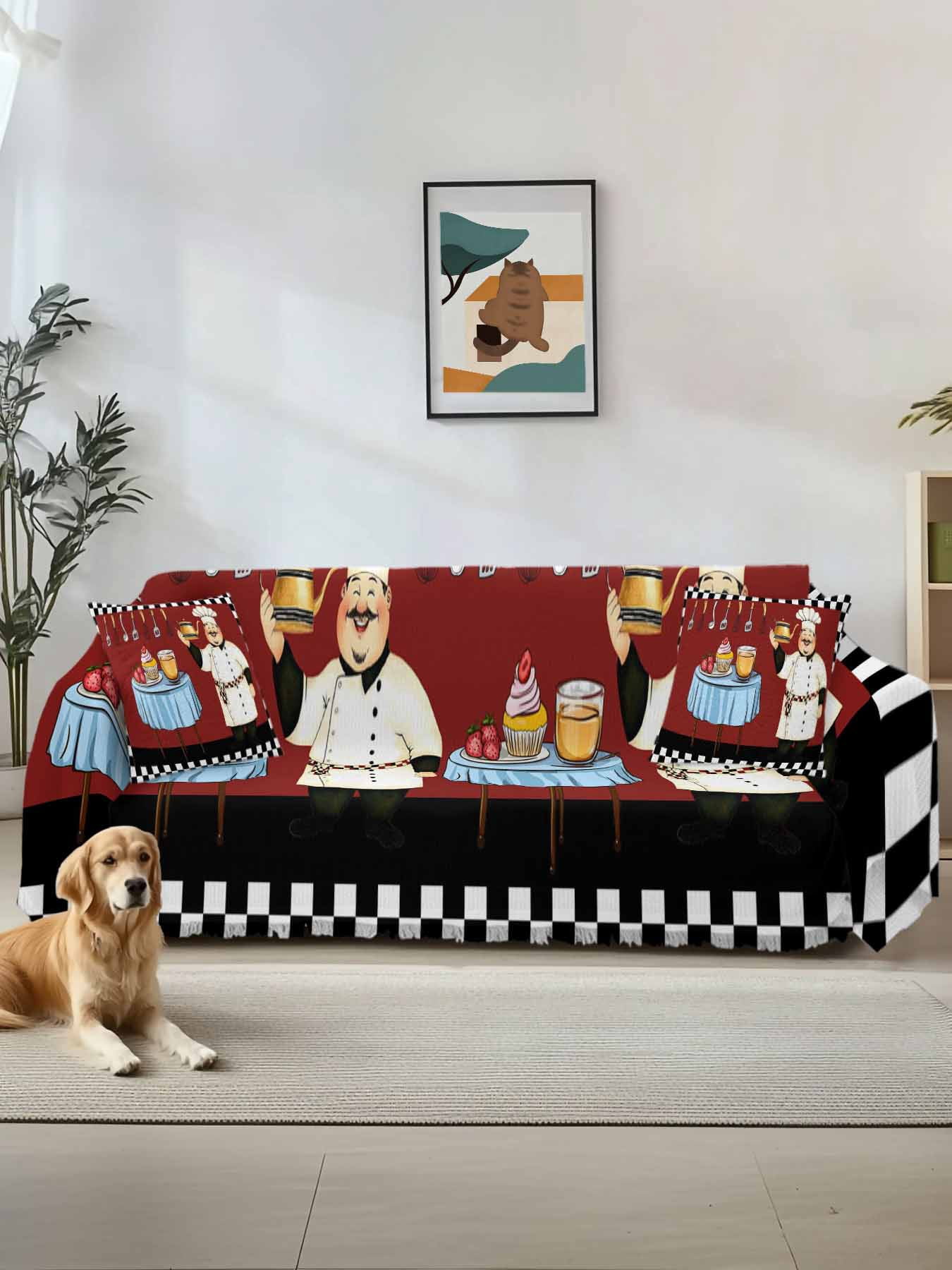 Chef Couch Cover, Cartoon Red Food Cooking Black White Buffalo Check ...