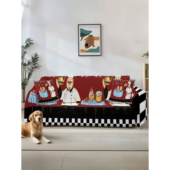 Chef Couch Cover, Cartoon Red Food Cooking Black White Buffalo Check ...