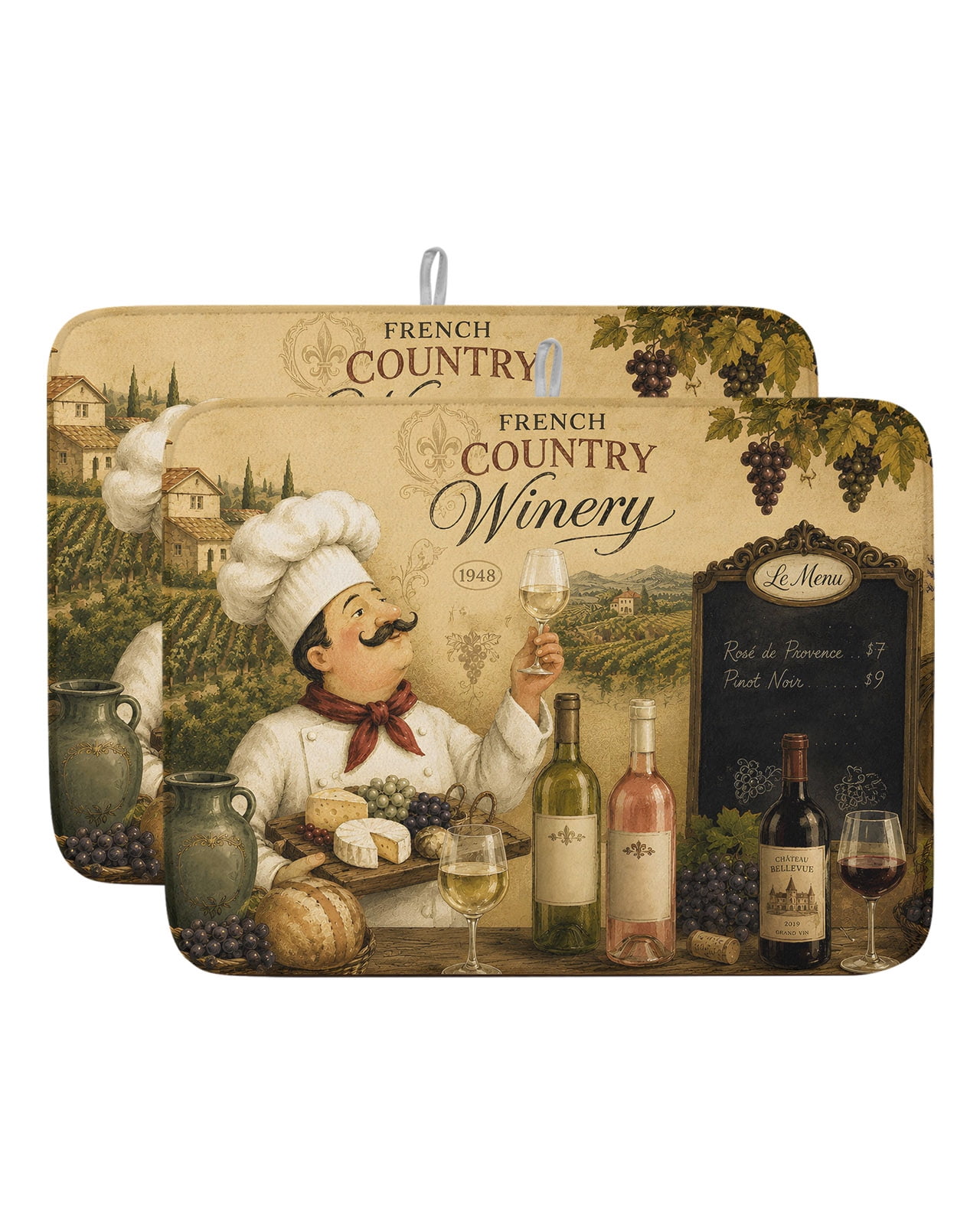 Chef Dish Drying Mat 18x24 inch Wine Bottles Grapes Cheese Rustic ...