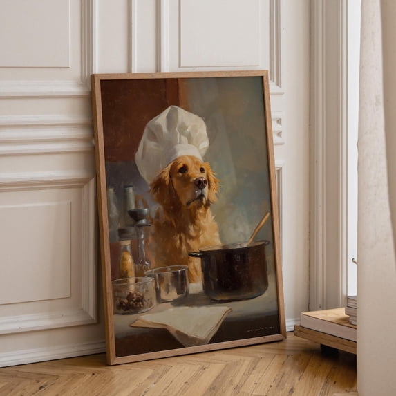 Chef Dog Art Print, Golden Retriever Cooking Wall Art, Funny Kitchen ...