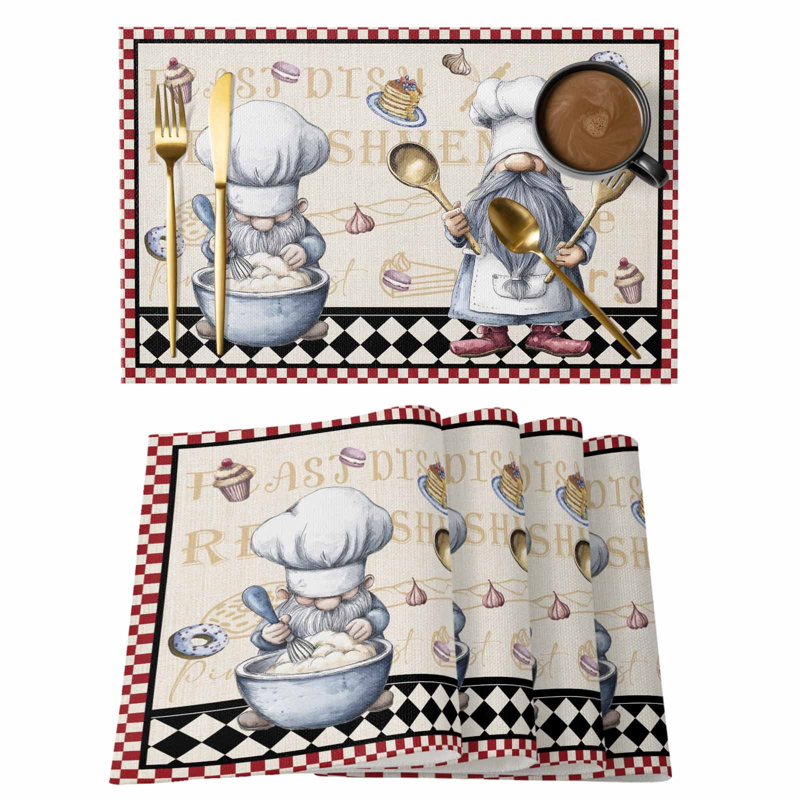 Chef Dwarf Placemats Set of 12 Desserts Ice Cream Donuts Red Plaid ...