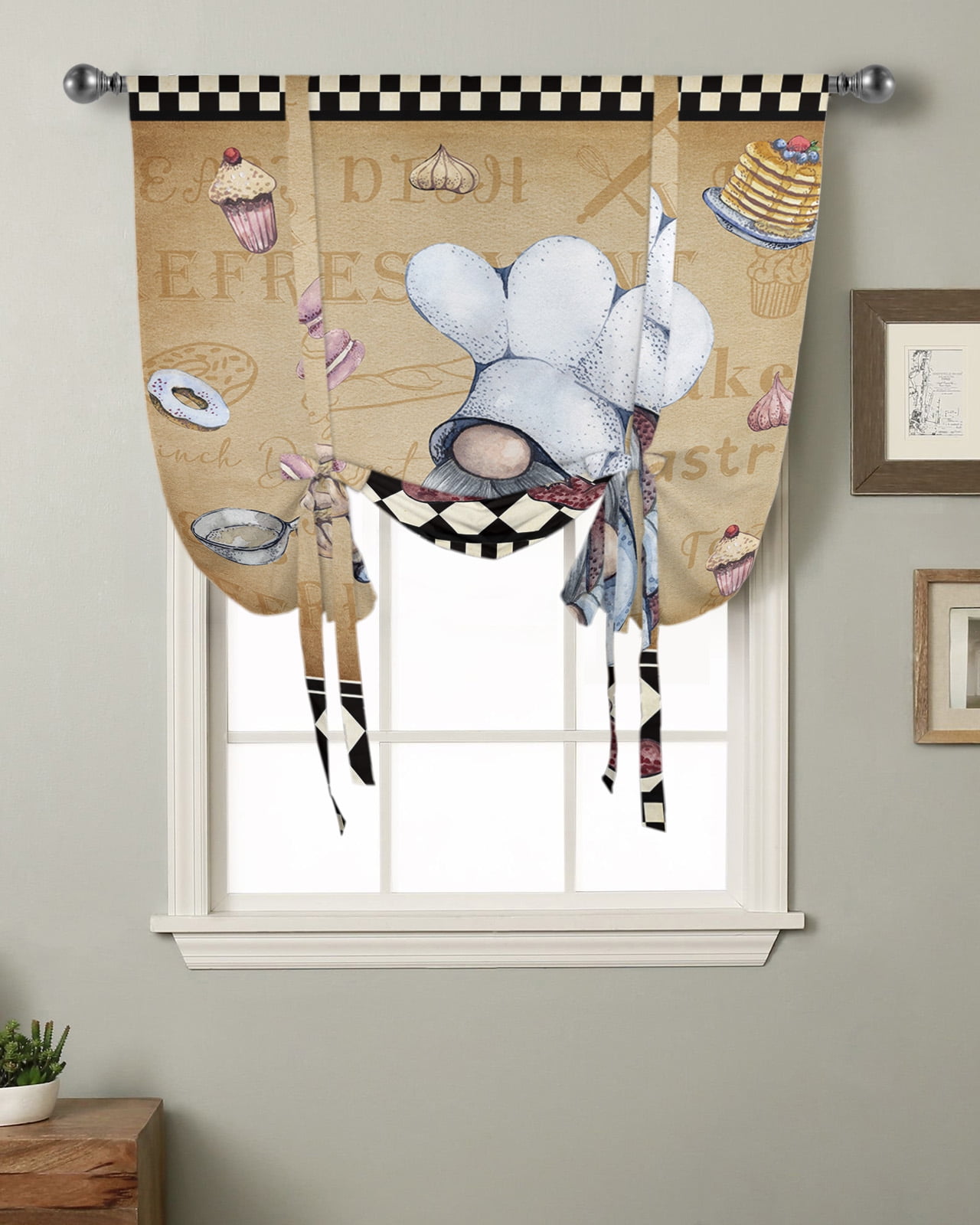 Chef Gnome Cake Dessert Plaid Kitchen Short Window Curtain Rod Pocket ...