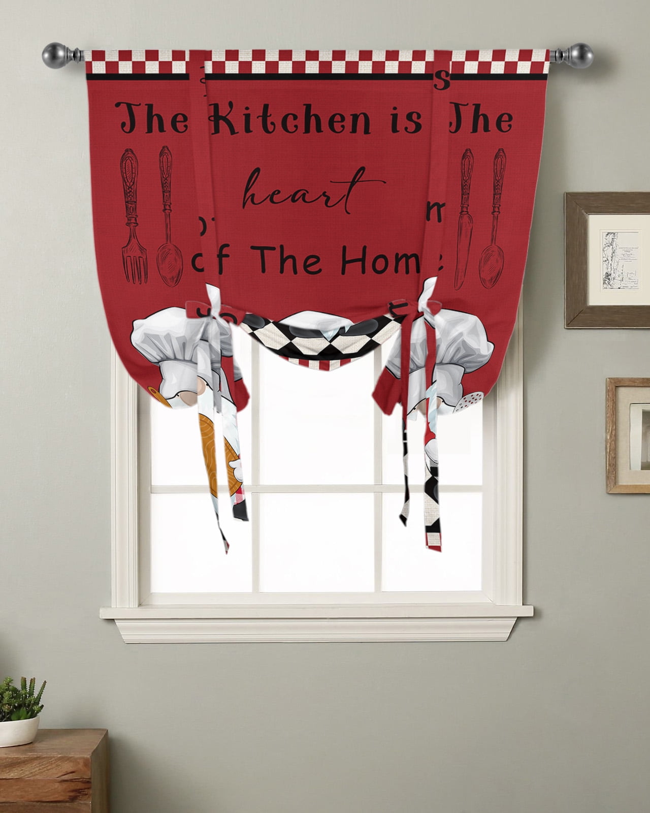 Chef Gnome Cake Dessert Plaid Kitchen Short Window Curtain Rod Pocket ...
