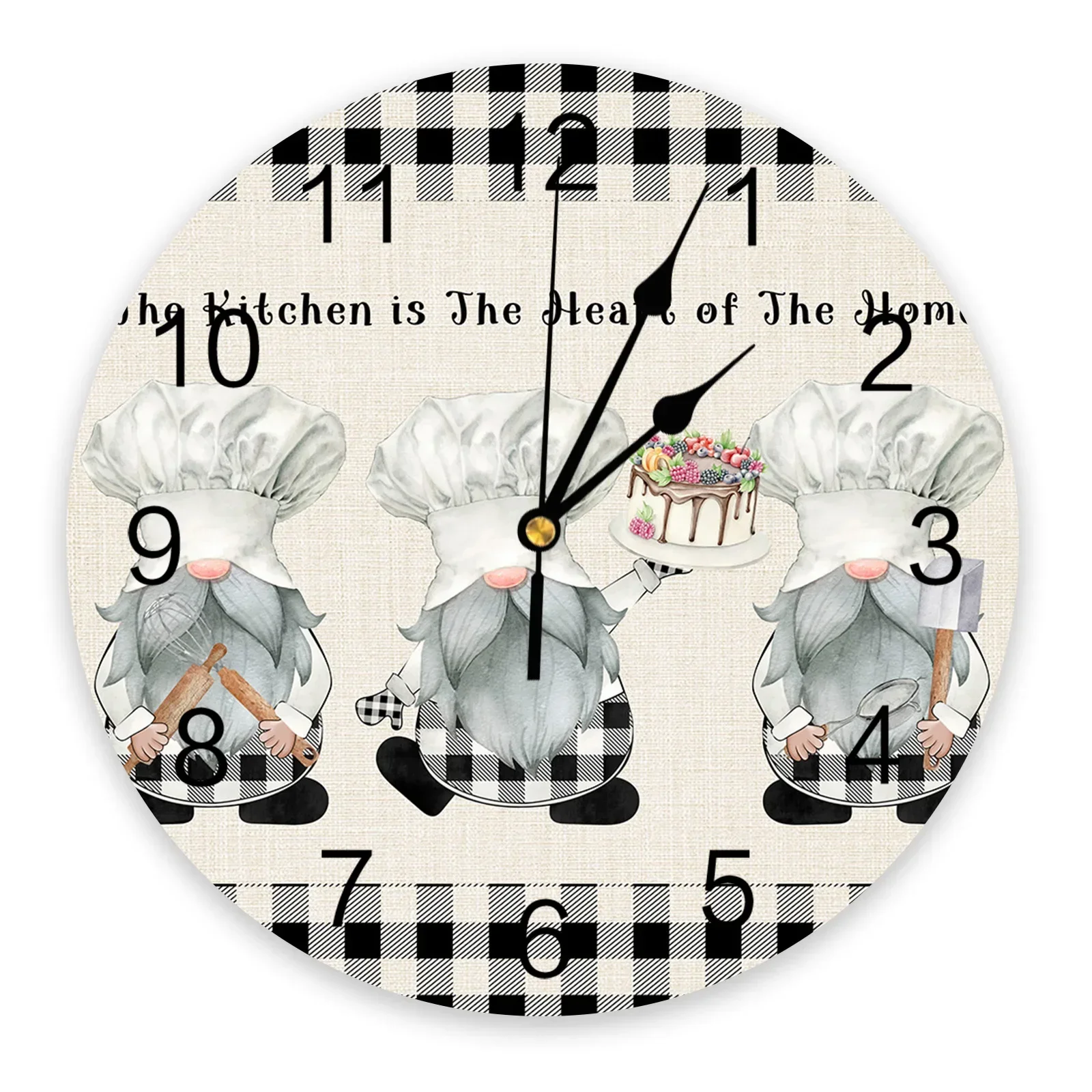 Chef Gnome Cake Dessert Plaid Large Wall Clocks Kids Room Silent Wall ...