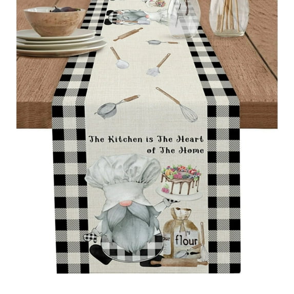 Chef Gnome Cake Dessert Plaid Linen Table Runner Kitchen Table ration ...
