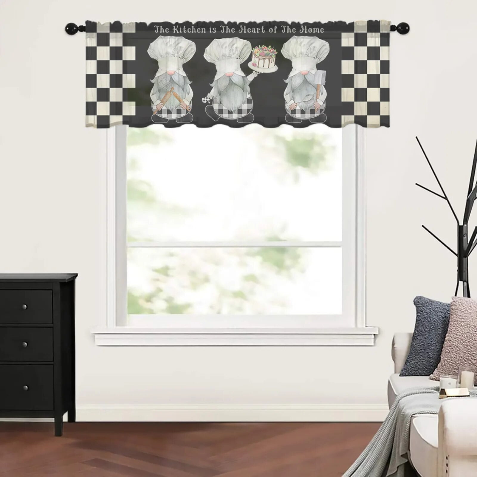 Chef Gnome Cake Dessert Plaid Short Tulle Half Curtains for Living Room ...