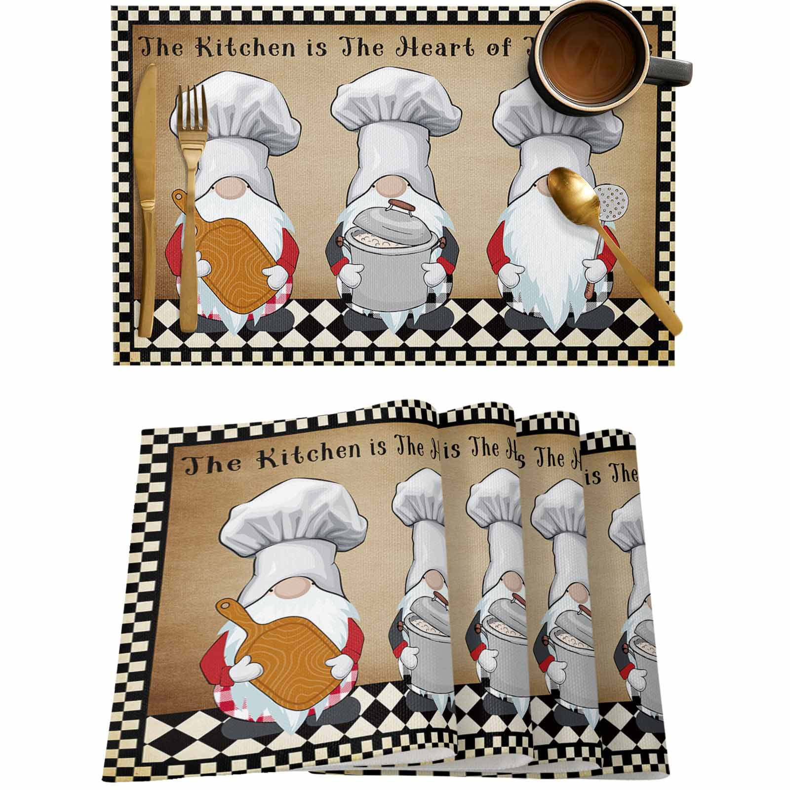 Chef Gnome Kitchen Cooking Black Buffalo Plaid Placemats Set of 4 ...