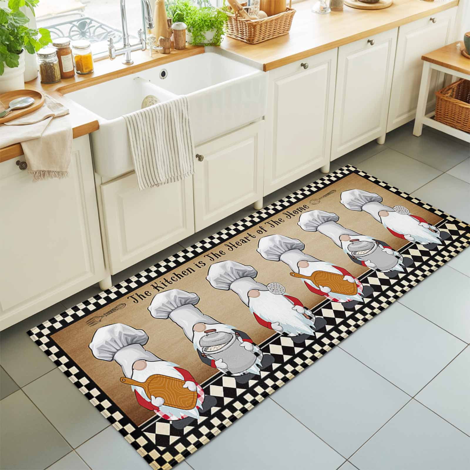 Chef Gnome Kitchen Cooking Black Buffalo Plaid Rectangle Rug 2'x6' Cute ...