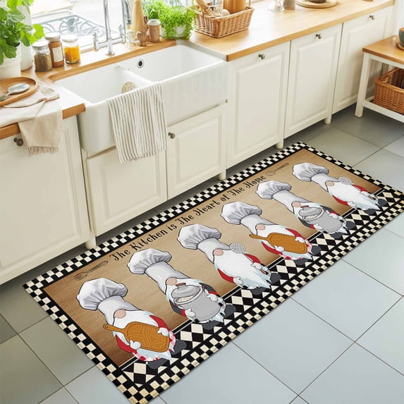 Chef Gnome Kitchen Cooking Black Buffalo Plaid Rectangle Rug 2'x6' Cute ...