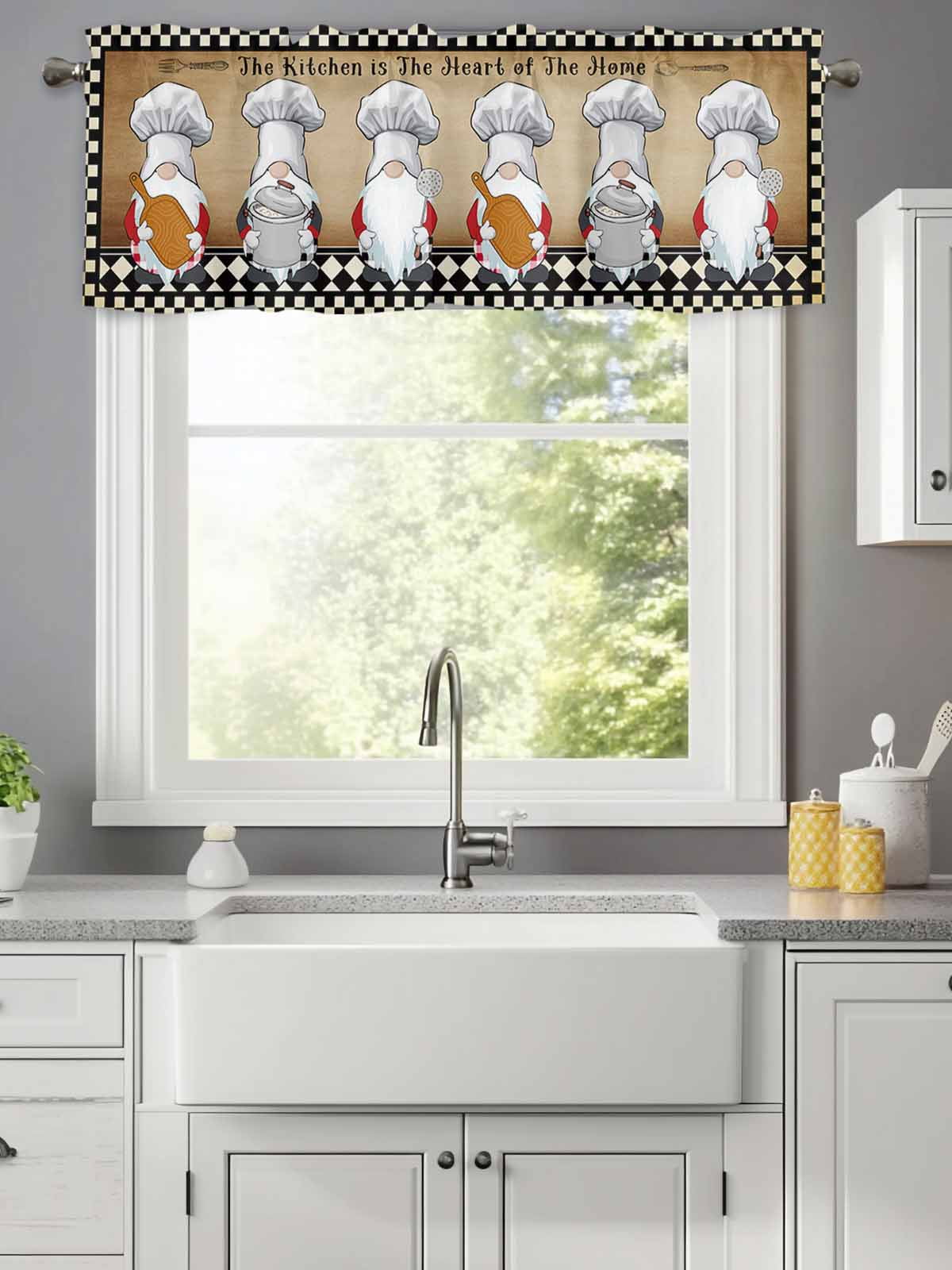 Chef Gnome Kitchen Cooking Black Buffalo Plaid Valances for Windows ...